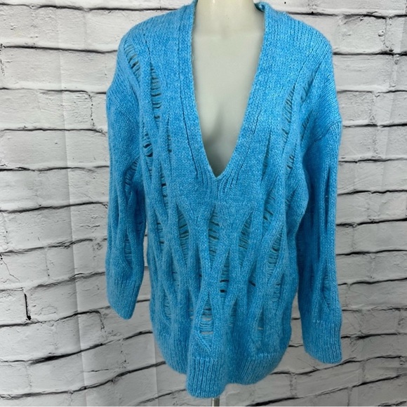 Zara | Sweaters | Zara Sweater Severe V Neck Baby Blue Wool Blend Cut ...